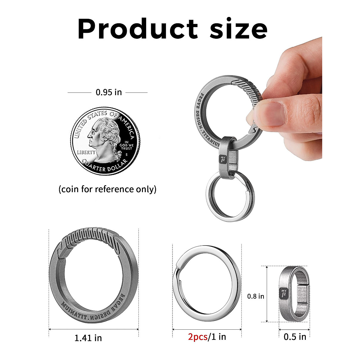 FEGVE Key Carabiner Keychain Clip with Titanium Mini Quick Release Connecting Key Chain Rings and 2pcs 1 in Stainless Steel Key Ring -(Matte)