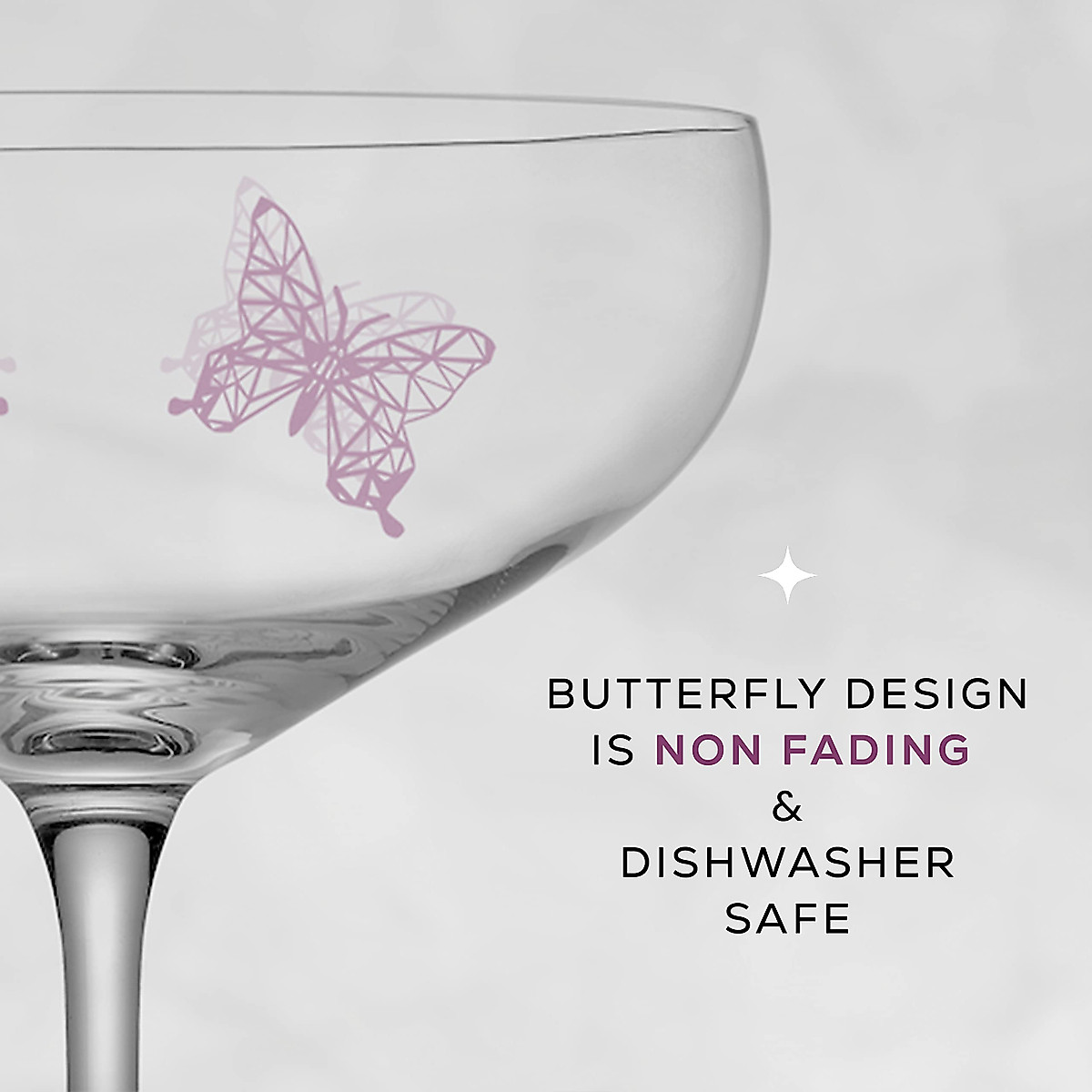 JoyJolt Meadow Butterfly Martini Glasses – 14oz Premium Crystal Martini Glasses Set of 2 – Exquisite Pink Butterfly Printing – Tall Manhattan Glasses for Cocktails, Martini, Drinks – Made in Europe
