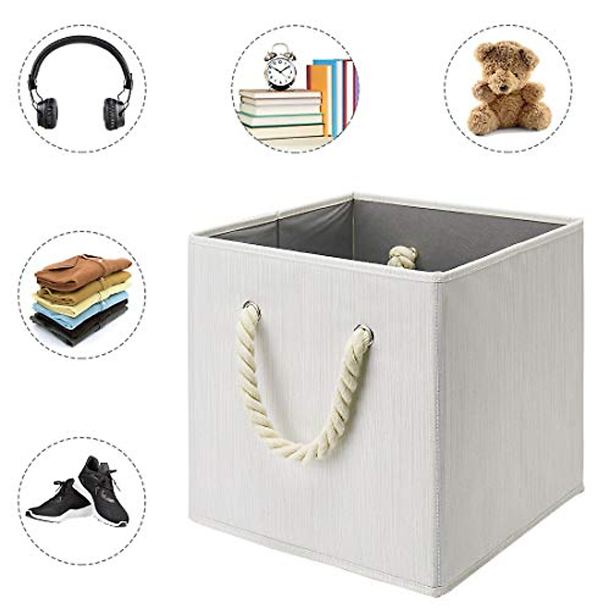 i BKGOO Foldable Storage Cube Bins Beige-White Bamboo Fabric Collapsible Resistant Basket Box Organizer with Cotton Rope Handle for Home Office and Nursery 10.5x10.5x11 inch