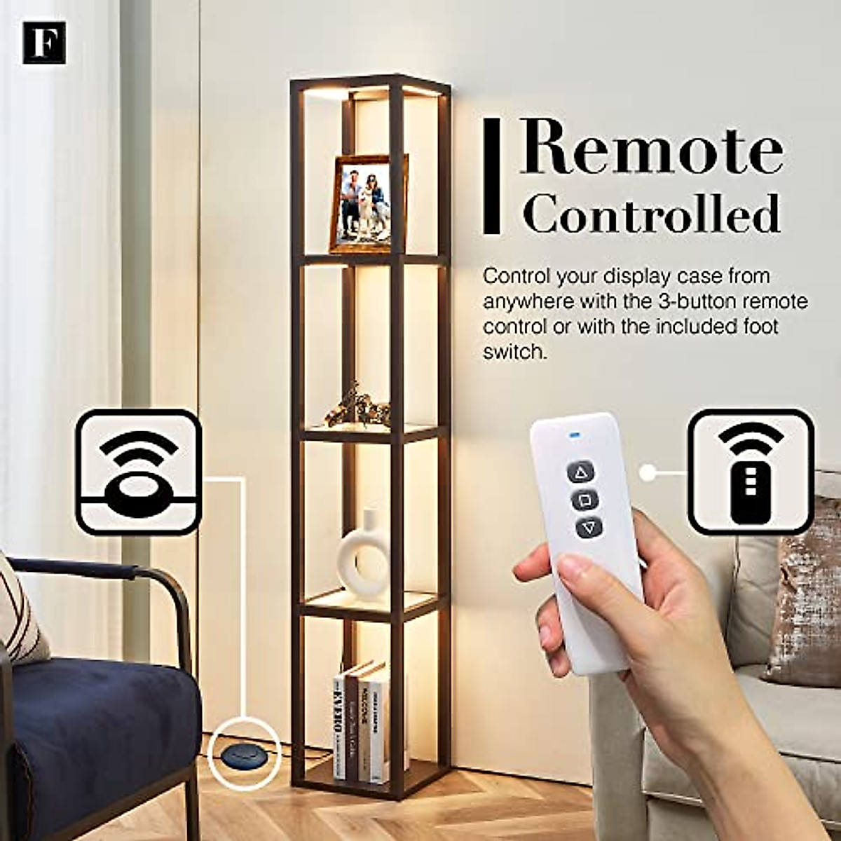 FENLO Fantasy 66" Luxury Glass Display Shelf with Dimmable LED Floor Lamps, Sturdy Glass Shelves for Bedroom, Curio Cabinet with Glass Bookshelf Display Case, Floor Lamp with Shelves - Brown