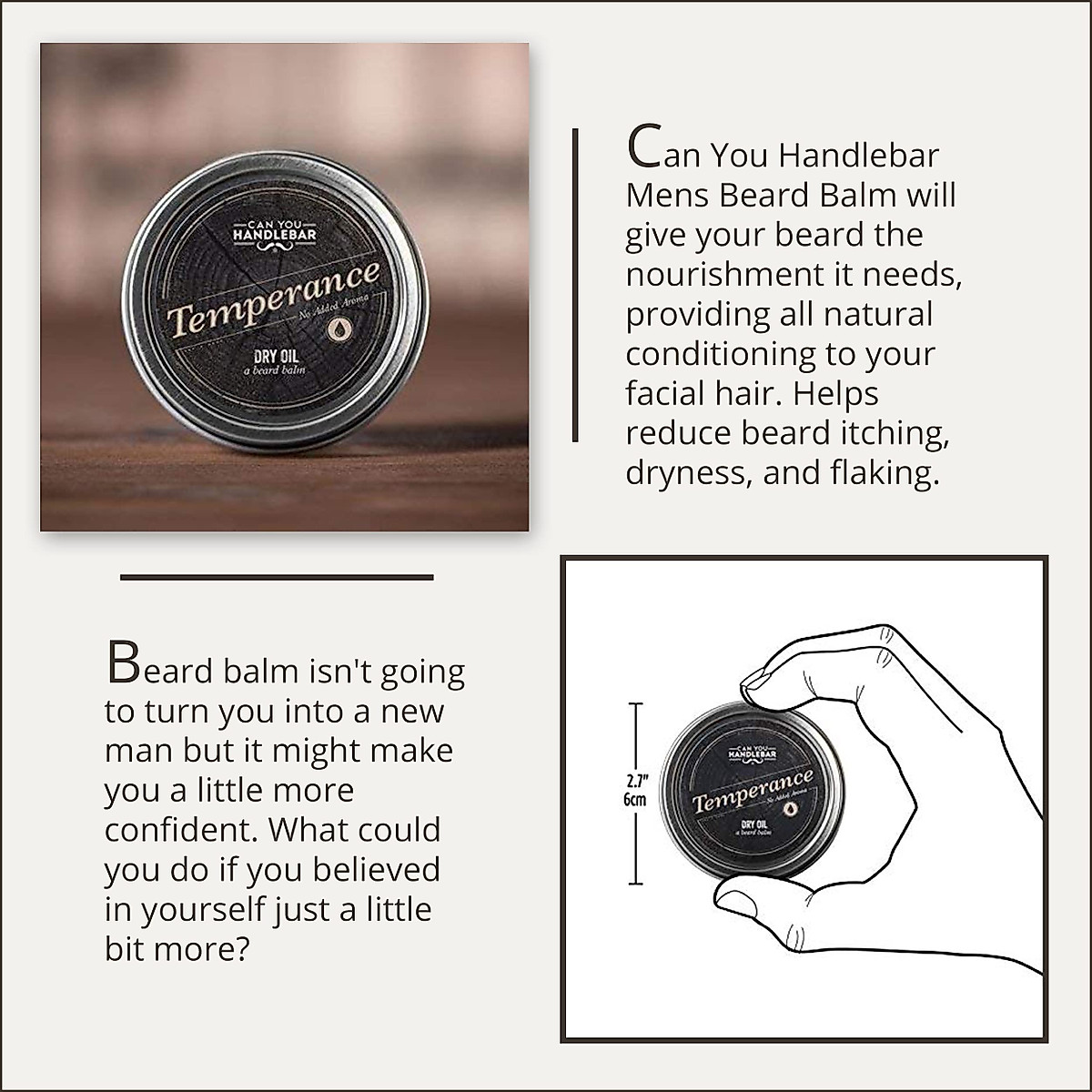 CanYouHandlebar Temperance - Fragrance Free Unscented - Premium Beard Balm for Men | Dry Oil Beard Conditioner | 2 Oz Stainless Steel Tin