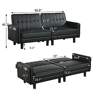 OQQOEE Futon Sofa Bed, Convertible Loveseat Couch with Adjustable Backrest, Faux Leather Upholstered Sleeper Sofa for Living Room & Apartment, Side Pockets, Black (Black, Loveseat)