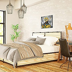 African American Wall Art Canvas Prints Black Woman Oil Painting Sunflower Butterfly Poster Picture Abstract Girl Portrait Modern Home Decor for Bedroom Living Room Ready to Hang 24x24Inch