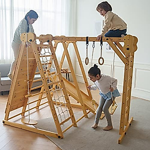 Avenlur Chestnut 7-in-1 Indoor and Outdoor Foldable Jungle Gym Playset for Kids Aged 2-6yrs with Slide, Rock Climb Wall, Climbing Ladder, Rope Net, Monkey Bars, Swing, and Ninja Ring - USA Company