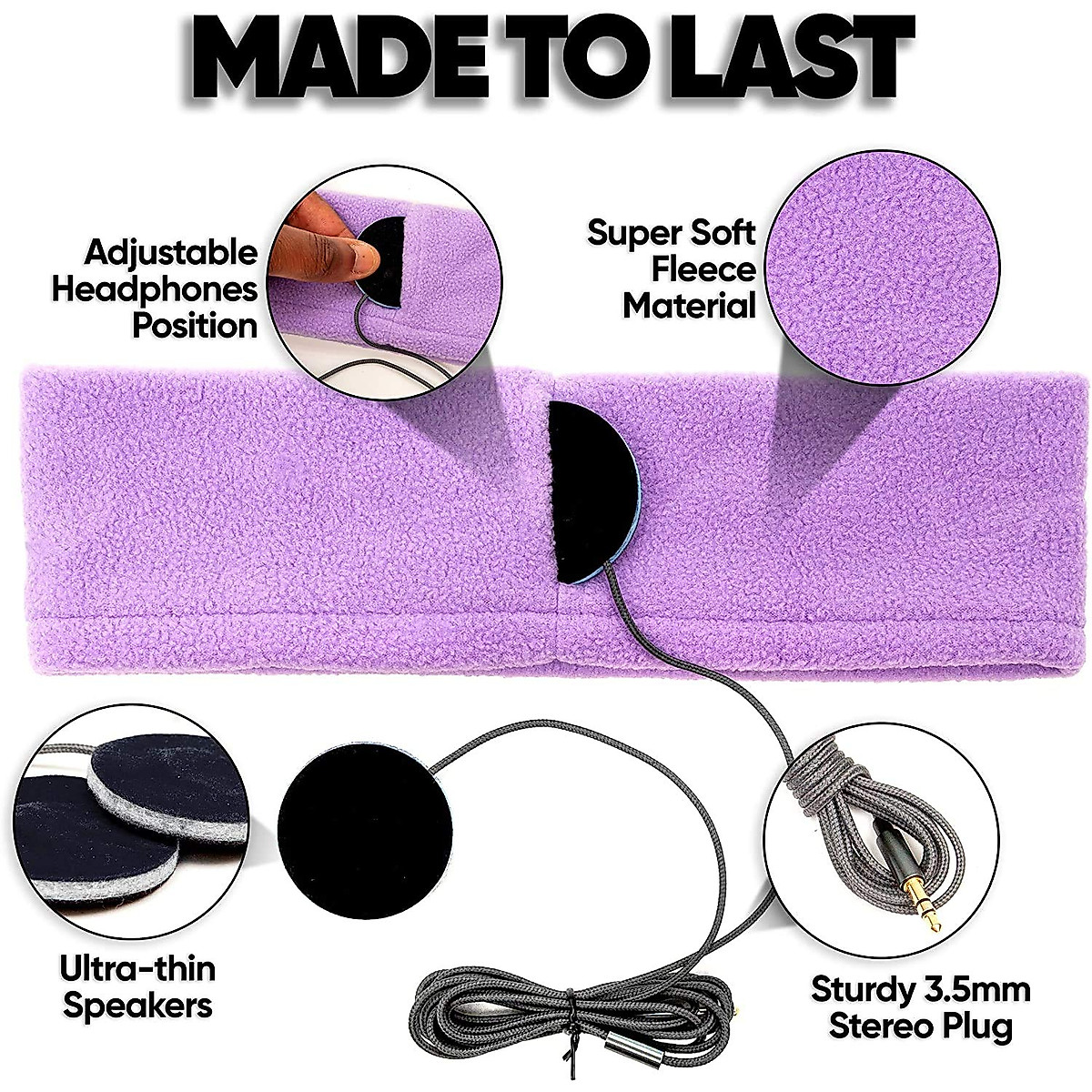 CozyPhones Fleece Sleep Headphones - Wired Over Ear Headphones from Ultra Thin Earphones for Side Sleepers, Meditation, Running, Laptop, and Phone - Violet