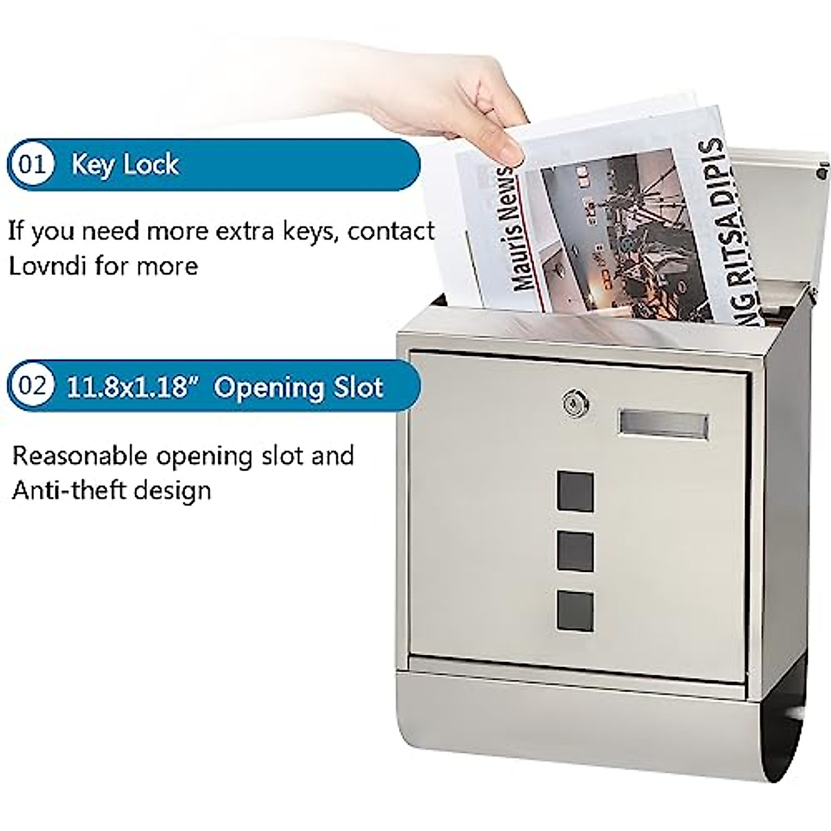 Wall Mounted Mailboxes with Key Lock, Lovndi Large Capacity Drop Mail Locking Box for Outdoor, Lockbox (2210 Stainless Steel)
