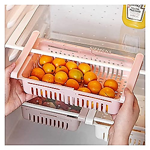 TIST Retractable Fridge Drawer Organizer Basket, Vegetable Drain Basket Fruit Cleaning Storage Box Fridge Hanging Organizer (Color : Pink)