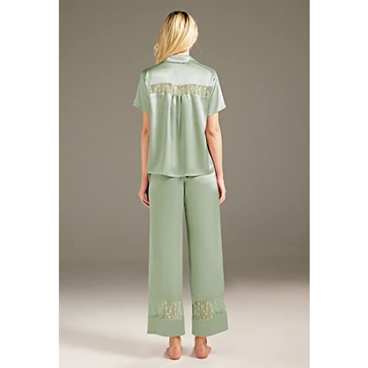 AW BRIDAL 2Pcs Sexy Womens Pajama Sets - Short Sleeve Silk Pajamas Long Pj Pants With Lace, Button Up Pajamas For Women, Sage Green, S| Clever Bridal Shower Gifts Bachelorette Gifts For Bride Pajamas