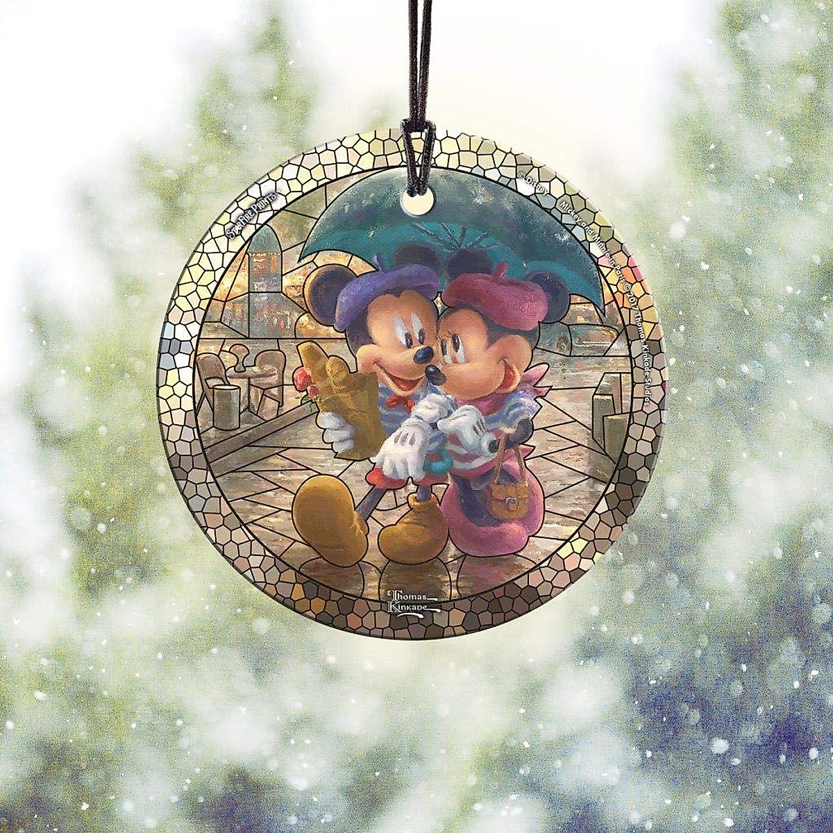 Trend Setters Disney – Mickey and Minnie in Paris – Artwork by Thomas Kinkade Studios – 3.5” Starfire Prints Hanging Glass Print Accessory - Ideal for Gifting and Collecting