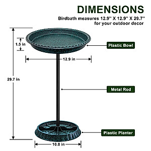 GESAIL Bird Baths for Outdoors, Lightweight Plastic Planter Pedestal Bird Bath with Metal Stake Decoration Bird Bath Planter for Lawn Patio Yard Garden, Spotted Green