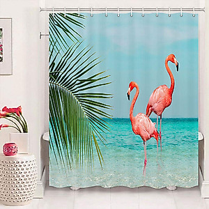 DeeCabin Beach Shower Curtain with Flamingo, Blue Teal Sea Pink Flamingo Bath Curtain Tropical Theme Nautical Ocean Shower Curtain Set with Hooks, 70X70IN (Blue, 70X70)