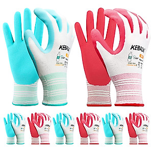 Kebada Gardening Gloves for Women, 6 Pairs Latex Coated Yard Gloves, Micro-Foam Textured Coating on Palm & Fingers, Breathable Womens Work Gloves, High Visibility, Medium, Aqua & Red