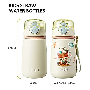 TKK Kids Insulated Water Bottle 16 oz Double Wall Vacuum Stainless Steel Thermos with Leak Proof Straw Lid & Strap Handle & Sticker (Yellow)