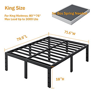 SHLAND King Size Bed Frame, 18 Inch Heavy Duty Metal Platform Bed Frame No Box Spring Needed, Mattress Foundation, Storage Space, No Noise, Easy Assembly