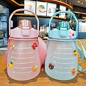 excvalues Kawaii Water Bottle with Strap, Large Capacity Cute Water Bottles with 3D Stickers, Portable Big Belly Bottle for School Outdoor Camping(Pink)