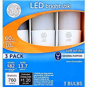 GE Lighting 79368 LED Bright Stik 10-watt (60-Watt Replacement), 760-Lumen Light Bulb Non-Dimmable with Medium Base, Soft White, 1 Box (3 Bulbs Total)
