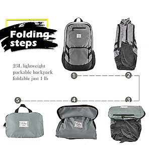 25L Lightweight Packable Backpack Handy Water Resistant Foldable Daypack Bag for Travel Camping Outdoor (Black)