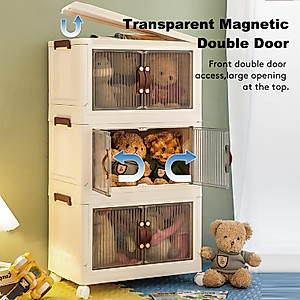 DAMGOLOZA 3-Pack Stackable and Foldable Storage Bins with Lids and Wheels, Collapsible Plastic Drawer Organizers for Closet, Home, Office, Dorm, 8.6 Gal Storage Boxes for Clothes and Crafts