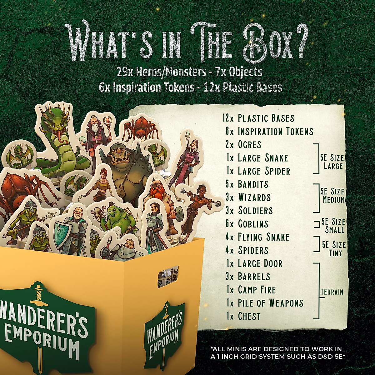 Wanderers Emporium Hard Flat Minis for DND Miniatures with Bases | 28mm - 32mm Scale Dungeons and Dragons Starter Set 5e (Essentials Pack, 36, Miniatures)