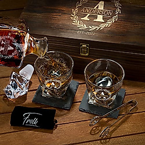 Personalized Whiskey Decanter and Stones Set - Customized Gift for Him - Men, Dad, Father - Engraved Twisted Whiskey Decanter, 2 XL Glasses, 2 XL Balls, 2 Coasters, Tongs, Pouch in Wooden Gift Box