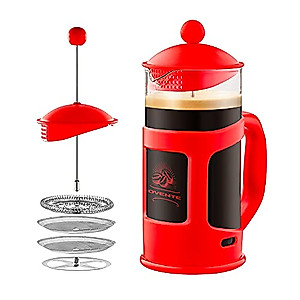 OVENTE French Press Coffee Maker 34 Ounce, Heat Resistant Borosilicate Glass with 4 Filter Stainless-Steel System, BPA-Free Portable Pitcher Perfect for Hot & Cold Brew, Red FPT34R