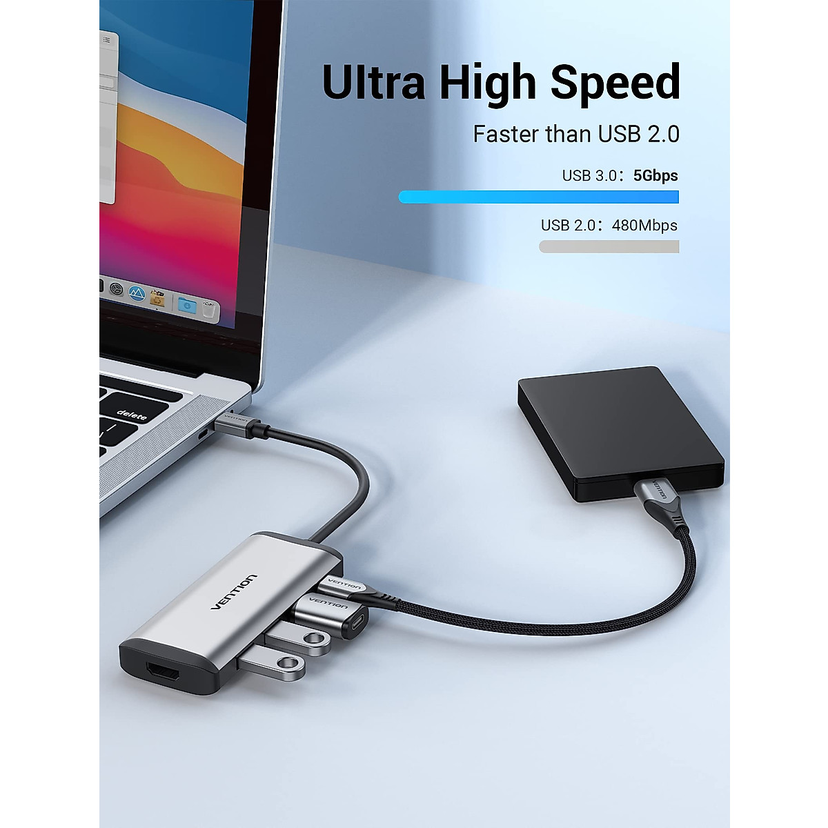 USB C HUB 4K 30Hz, VENTION USB C Multiport Adapter 5-in-1 with 4K HDMI, 100W Power Delivery, 3 USB 3.0 Data Port for MacBook Pro/Air M1 2020, iPad Pro 2021, iPad Mini 6, Surface Pro and More