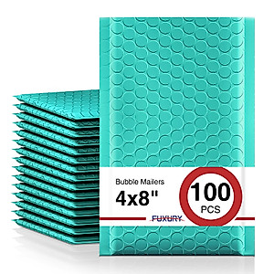 Fuxury Small Bubble Mailers 4x8 Inch 100 Pack, Teal Bubble Mailer, Self Seal Padded Envelopes Waterproof Mailing Envelopes Bubble Padded, Bubble Envelopes for Shipping, Small Business, Bulk #000