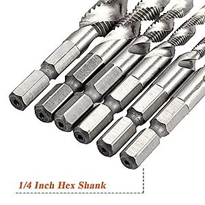 Mesee 6 Pieces Drill Tap Combination Bit Set, 1/4'' Hex Shank HSS Deburr Countersink Bits Spiral Screw Tap Tool Kit - Imperial 1/8 5/32 3/16 1/4 5/16 3/8