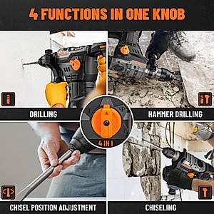 DOVAMAN RH15A 1-9/16'' SDS-Plus Rotary Hammer Drill, 4 in 1 Functions, Multi-material Use, Safety Clutch, 6 Speeds, SDS-Plus Adaptor, 4350BPM/900RPM, Vibration Control, Demolition Hammer for Concrete