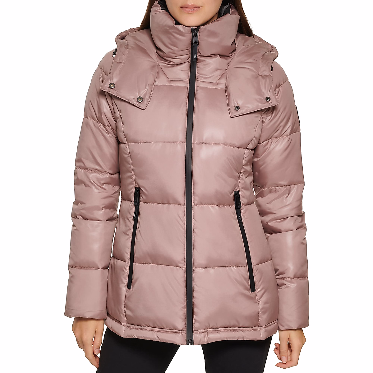 Kenneth Cole Women's Zip Down Puffer with Button Hood, BARK, X-Small
