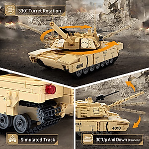 M Menbis M1A2 Simulated Tank Model Kit，WW2 Military Armed Tanks Building Block with 4 Soldier Figures ,Toys for Model Lovers，Gift for Boys 8-12(1053 Pcs)