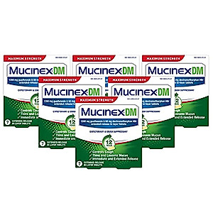 Cough Suppressant and Expectorant, Mucinex DM Maximum Strength 12 Hour Tablets, 7ct, 1200 mg Guaifenesin, Relieves Chest Congestion, Quiets Wet and Dry Cough, 1 Doctor Recommended (Pack of 6)