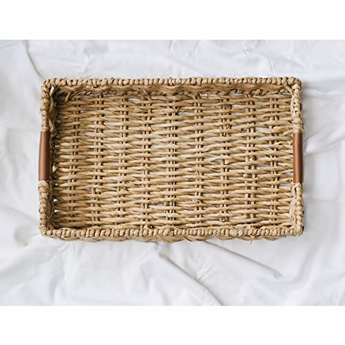 Large Decorative Rattan Woven Serving Tray + Leather Handles 20''x12’,Rectangle Wicker Centerpiece,Boho Kitchen + Home Decor Basket,Coffee Table Organizer,Summit Living,All Occasions Tan