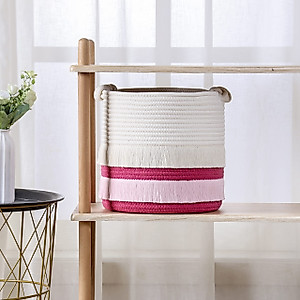 3 Pack 11inch Cotton Rope Baskets with Handles, Storage Cubes, Boho Decor, Woven Basket, Organization and Storage for Toys, Book, Cloth