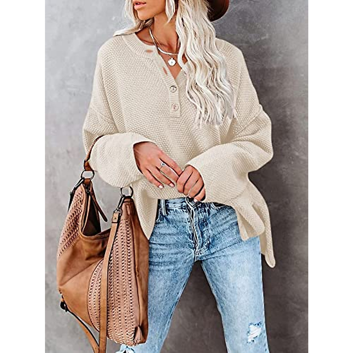 Pink Queen Women's Button Oversized Sweater Batwing Long Sleeve V Neck Henley Top Fall Pullover Knit Jumper Beige XL