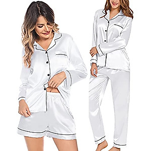 SWOMOG Women 3 Pcs Satin Pajamas Set Silk Long Sleeve Sleepwear Button Down Loungewear Pjs with Shorts & Pants White