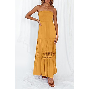ZESICA Women's 2025 Summer Bohemian Strapless Off Shoulder Lace Trim Backless Flowy A Line Beach Long Maxi Dress,Yellow,Large