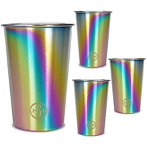 Shark Skinzz Steel Expressions Pint Cup, 16 oz Stainless Steel Cups, Stackable & Durable Drinking Cups for Camping, Reusable & Dishwasher Safe Tumblers, Set of 4 Rainbow Shimmer Cups