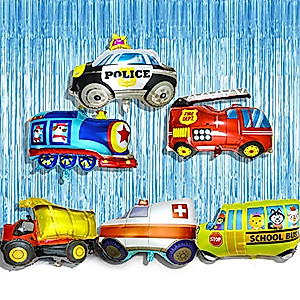 timecity 6pcs Car Balloons Big Construction Truck Fire Truck Train Ambulance Police Car School Bus Foil Balloons Vehicles Balloons for Kids Gifts Boys Birthday Party Supplies Cute Baby Shower Decor