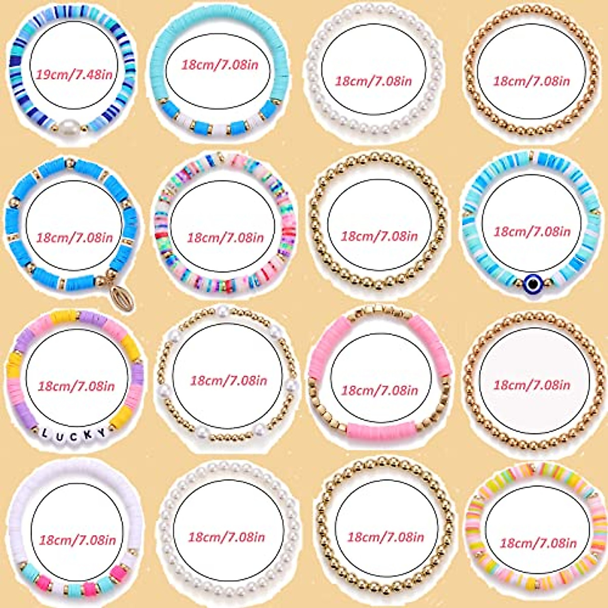 16Pcs Preppy Beaded Bracelets Set for Women Teen Girls,Colorful Heishi Clay Bead Bracelets Stackable Stretch Bracelet Gold Beaded Evil Eye Pearl Shell Summer Beach Surfer Boho Bracelets Aesthetic Y2K
