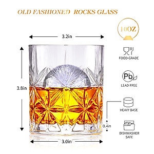 veecom Whiskey Glasses, Whiskey Glass Set of 2 with Ice Molds, 10 OZ Crystal Rocks Glass, Old Fashioned Bourbon Glass for Cocktail, Scotch, Cognac, Vodka, Whiskey Gifts for Men, Fathers Day