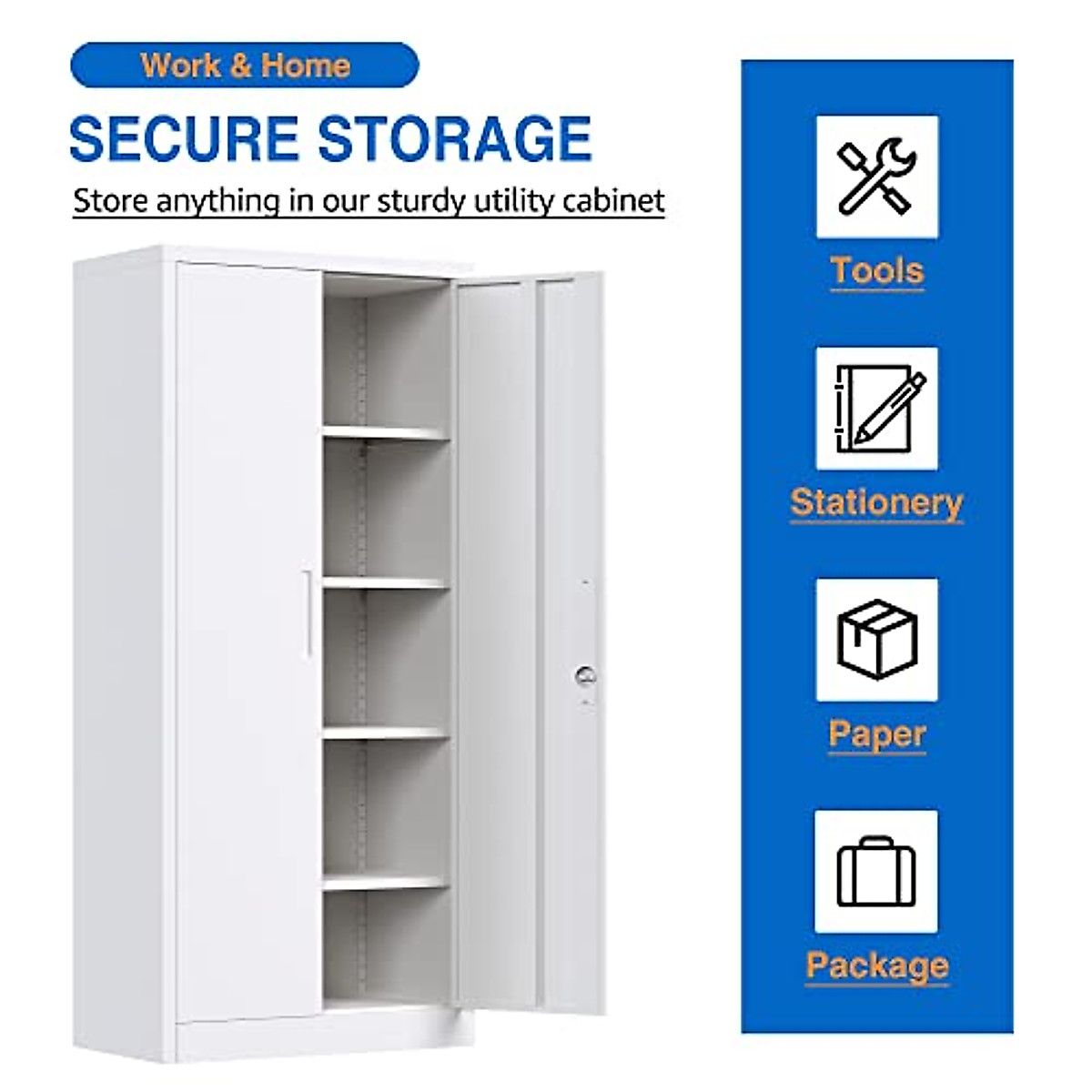 Reemoon Metal Storage Cabinet with Locking Doors and Adjustable Shelves, 71" Tall Steel Storage Cabinet for Home Office, White