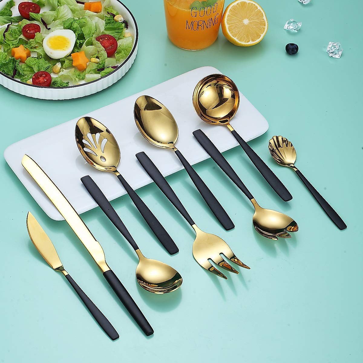 Black with Gold Silverware Serving Set 10 Pieces, Black Gold Flatware Serving Set, Serving Utensils, Include Slotted Spoon, Cake Server, Sugar Spoon, Soup Ladle, Wedding Cake Knife Ect