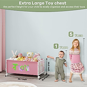 AIJIAMEIER 120L Toy Boxes for Kids Extra Large, Toy Storage Organizer with Wheels & Handle, 33.1” x 16.5” x 14.6” Big Toy Chest Storage for Stuffed Animals, Living Room Area, Playroom(Pink, 1PC)