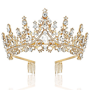 TOBATOBA Gold Crown for Women Gold Tiara Birthday Queen Crown Wedding Tiara for Women Crystal Tiaras and Crowns Royal Princess Quinceanera Headpieces for Prom Pageant Bride Halloween Cosplay