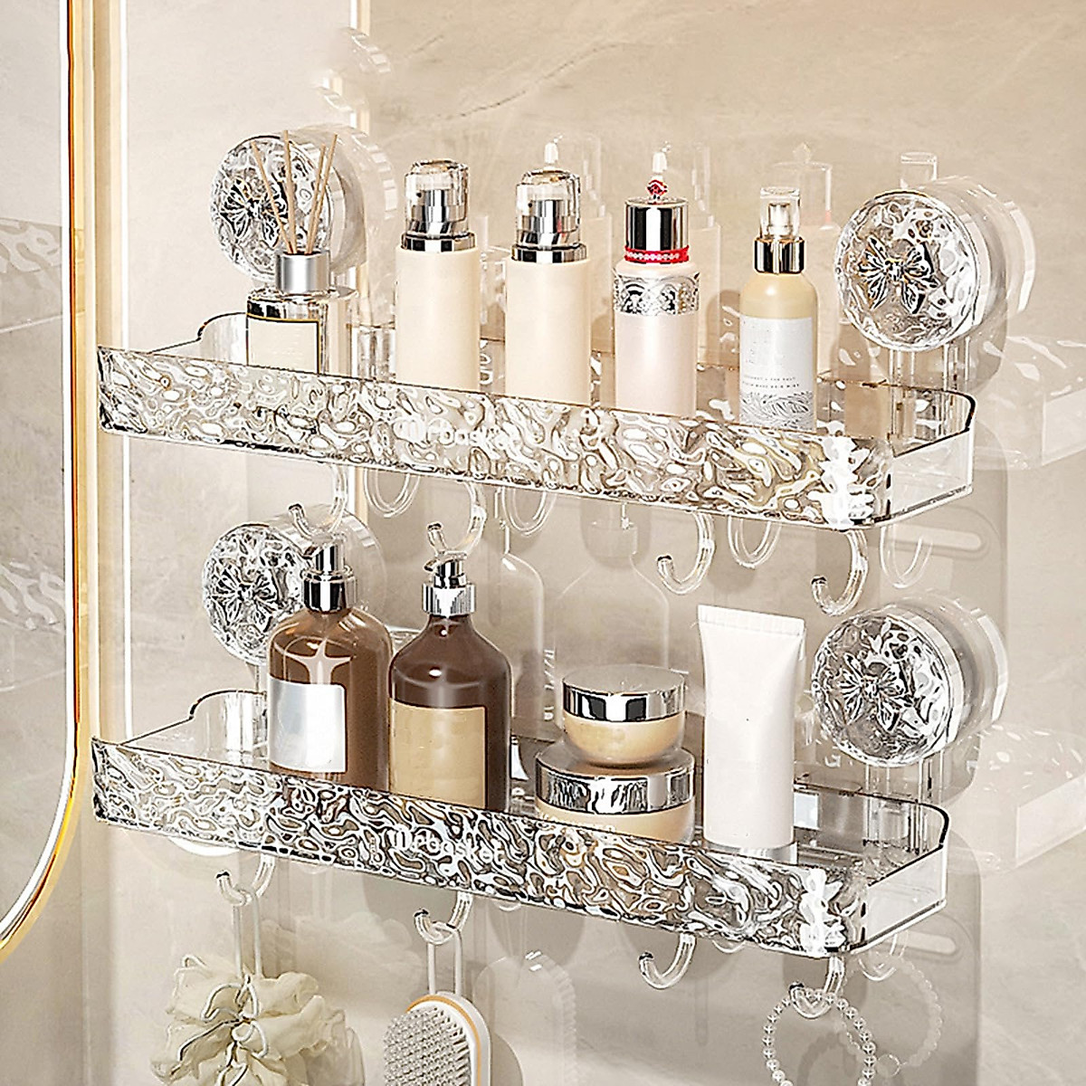 Quincry Light Luxury Style Glacier Pattern Suction Cup Shelf with Hook, Punch-Free Shower Storage Rack for Bathroom, No Drill Corner Wall Caddy for Kitchen (Clear(2pcs Rectangle))