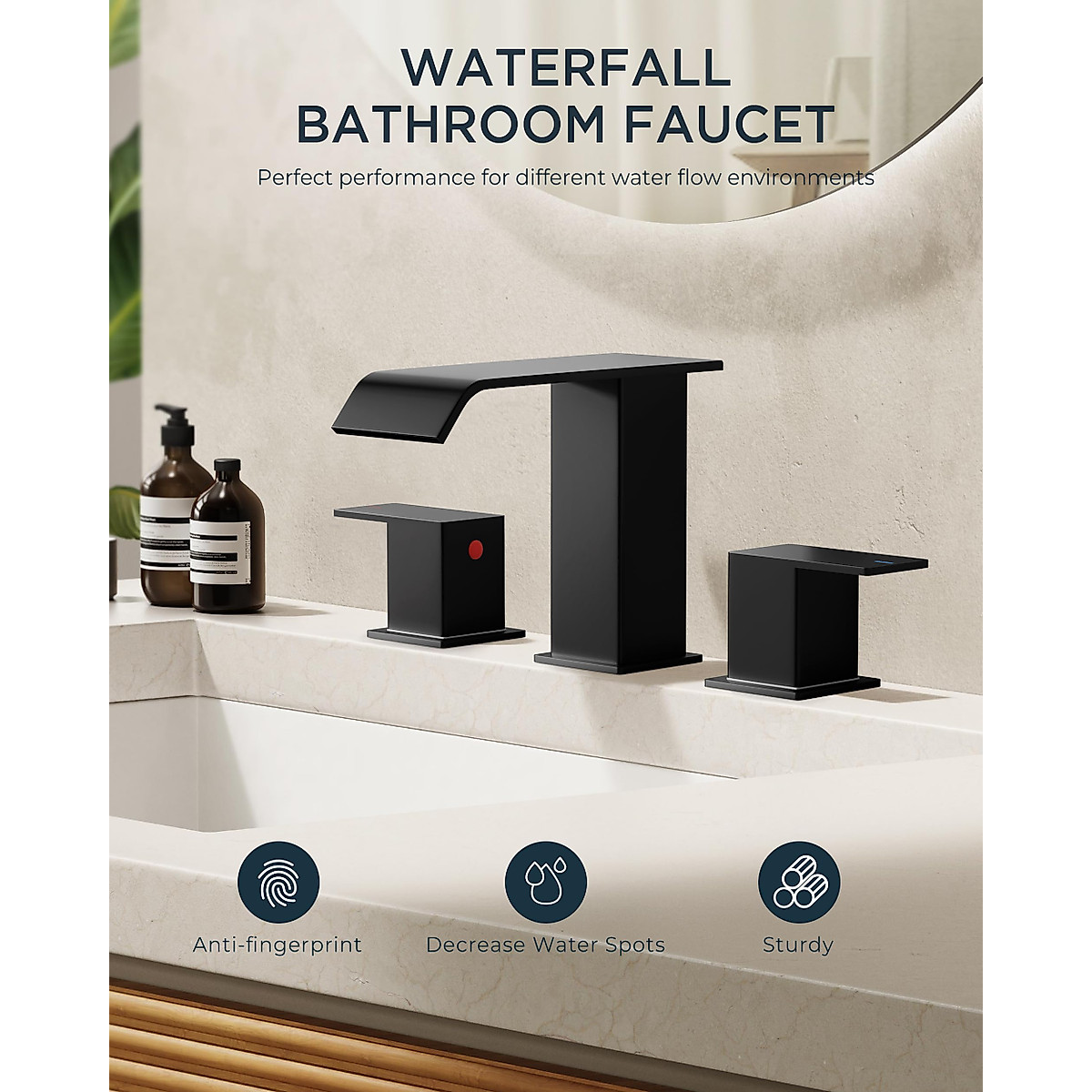 FORIOUS Bathroom Faucets, Black Bathroom Faucet 3 Hole, Waterfall Matte Black Bathroom Faucet with Pop-up Drain and Supply Lines, 8 Inch Widespread 2 Handle Faucet for Bathroom Sink Vanity RV