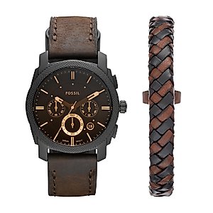 Fossil Men's Machine Quartz Stainless Steel Chronograph Watch and Bracelet Set, Color: Black, Dark Brown (Model: FS5251SET)