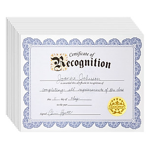 48 Sheets Blue Certificate of Recognition Award Paper with Gold Foil Sticker Seals for Graduation Diploma, Achievements (8.5 x 11 in)