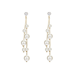 Aradio long pearl earrings Gold Long Tassel Pearl Earrings for Women 925 Sterling Silver needle Simulated Shell Pearl Earrings White Pearl Dangle Earrings Hypoallergenic Drop Pearl Earrings Dangle.